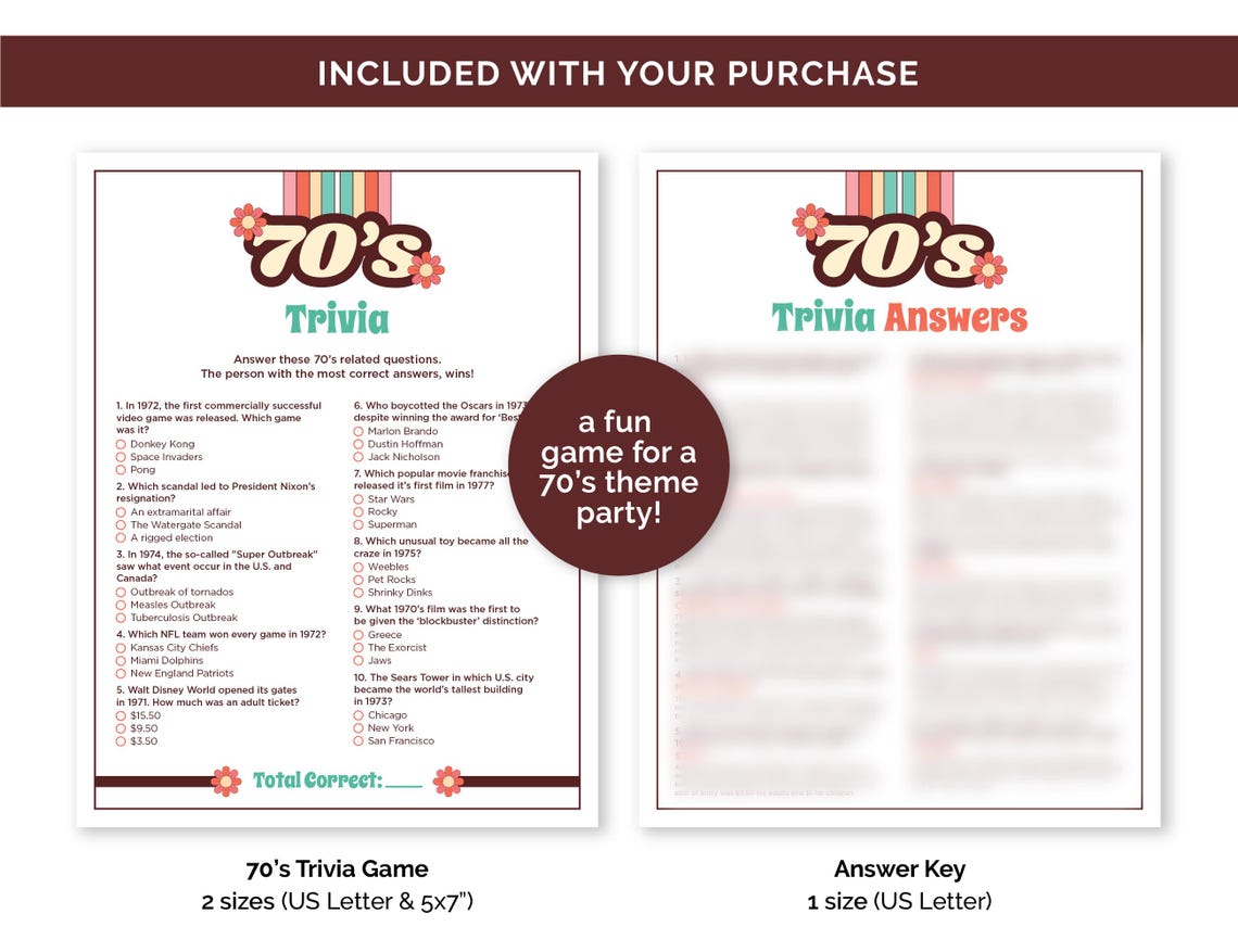 70's Trivia Game, Printable Quiz With Answers for a 70's Theme Party ...