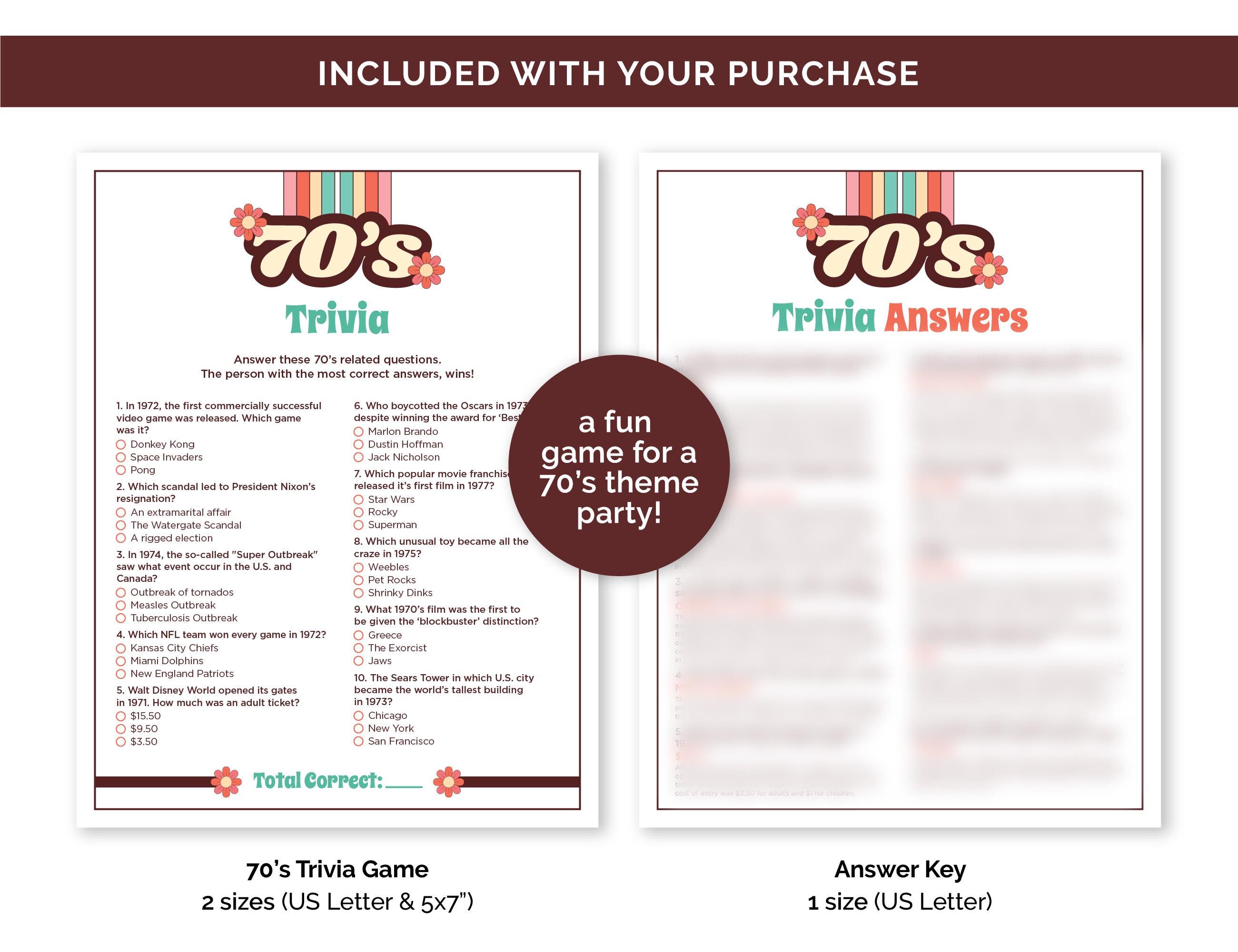 70's Trivia Game, Printable Quiz With Answers for a 70's Theme Party ...