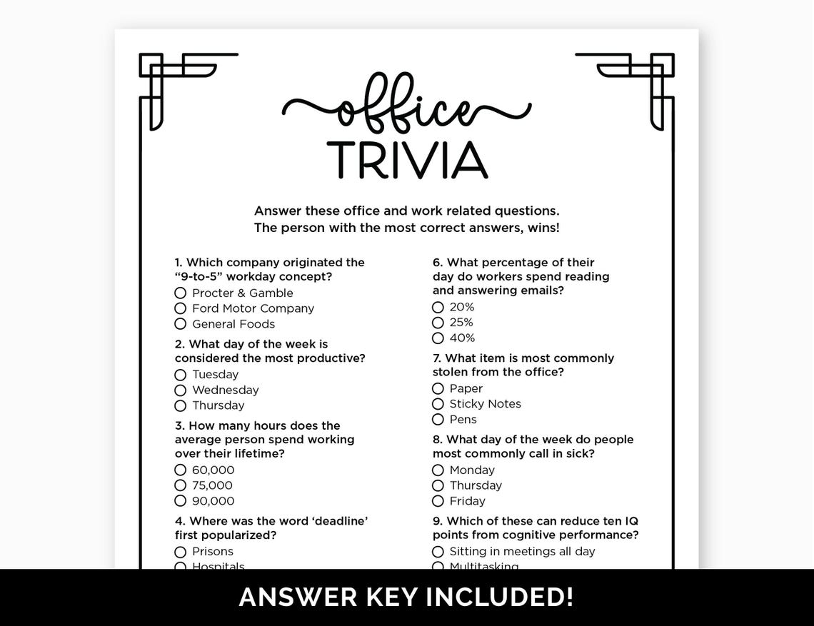 Office Trivia Game, Printable Quiz With Answers for an Office Party ...