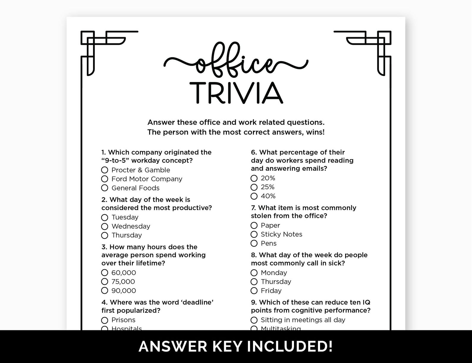 Office Trivia Game, Printable Quiz With Answers for an Office Party ...