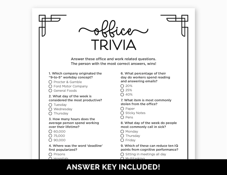 Office Trivia Game, Printable Quiz With Answers for an Office Party ...