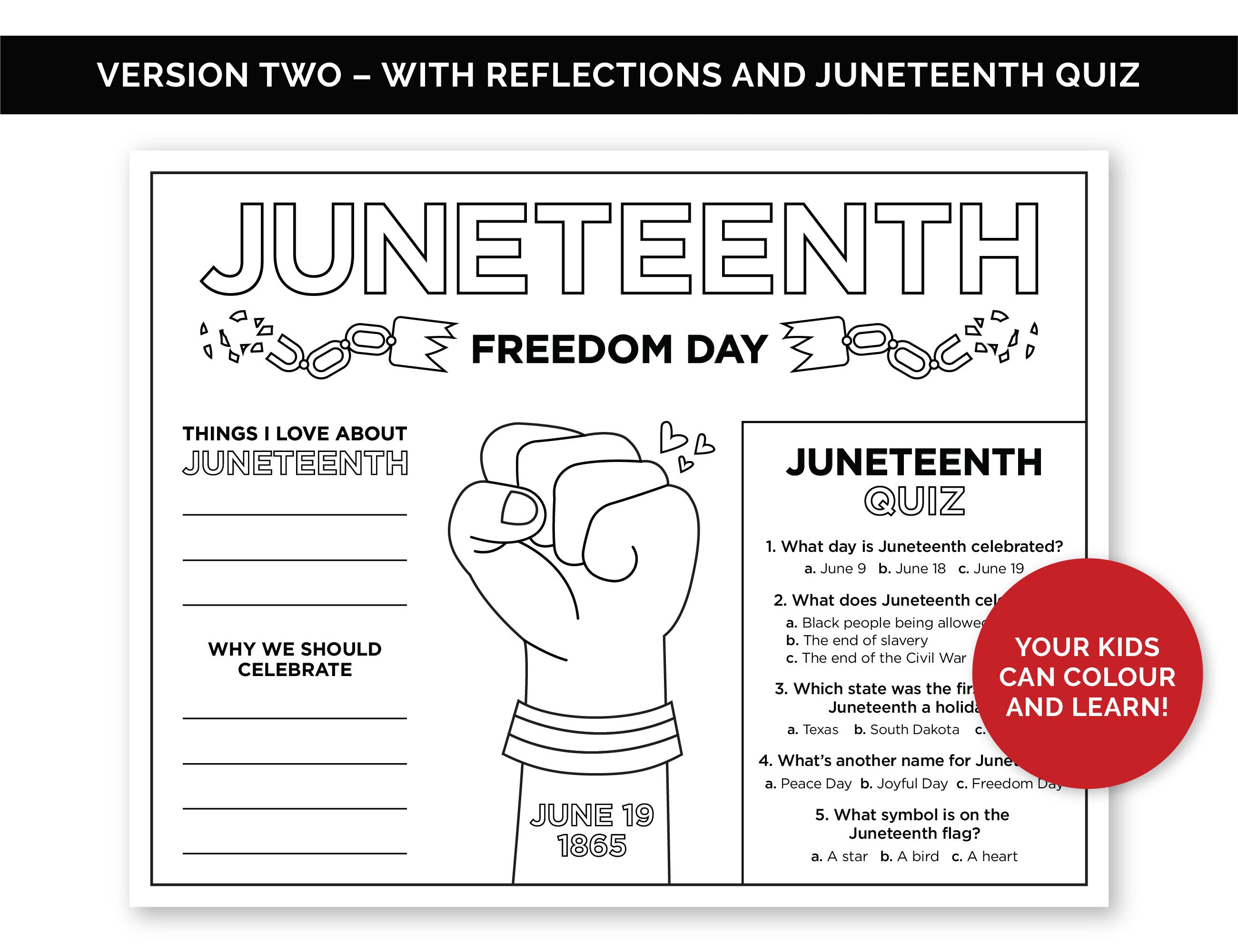 Juneteenth Kids Coloring and Activities Page, Printable Kids Activity ...