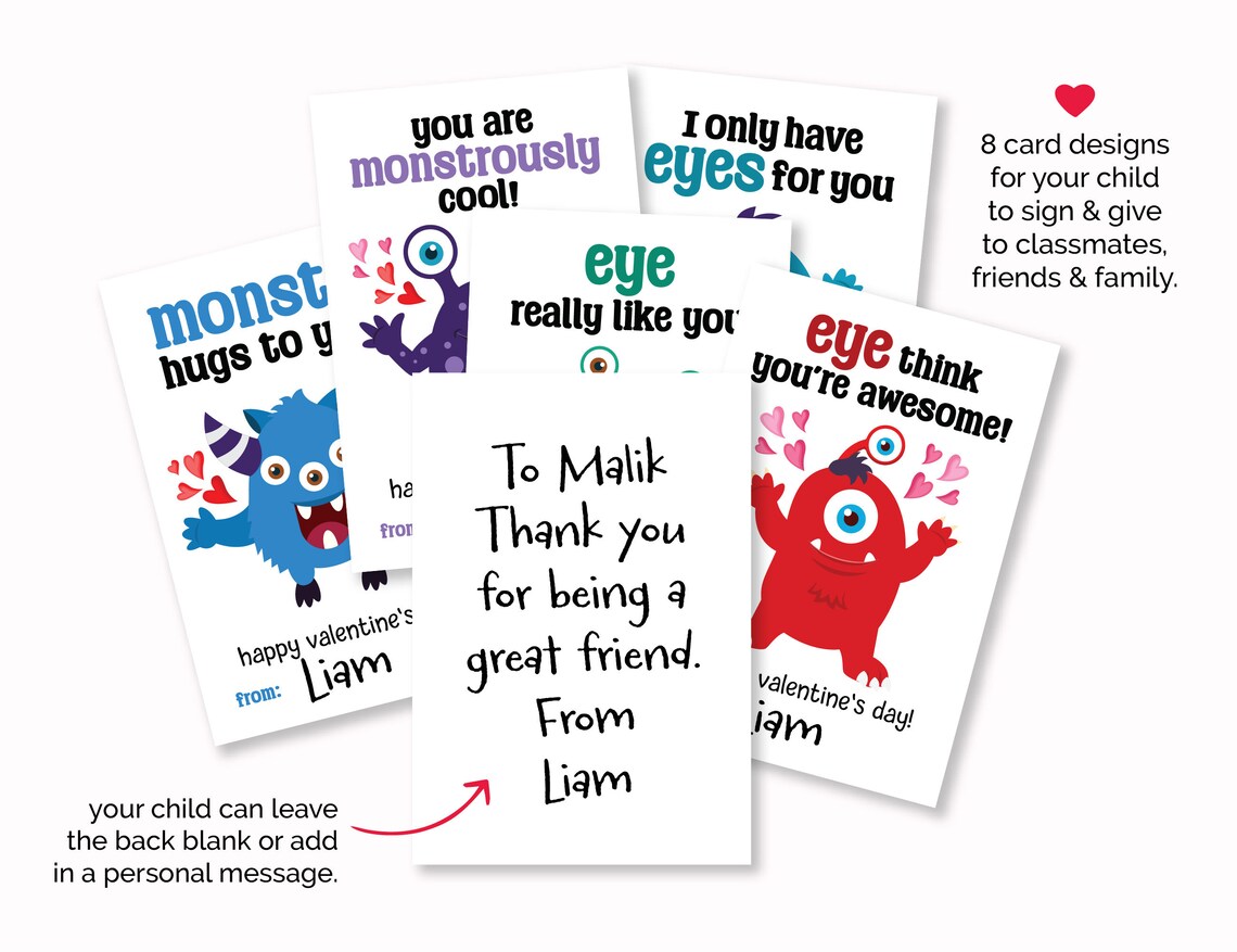 Monster Valentines for Kids, Printable Daycare & Preschool Valentine's ...