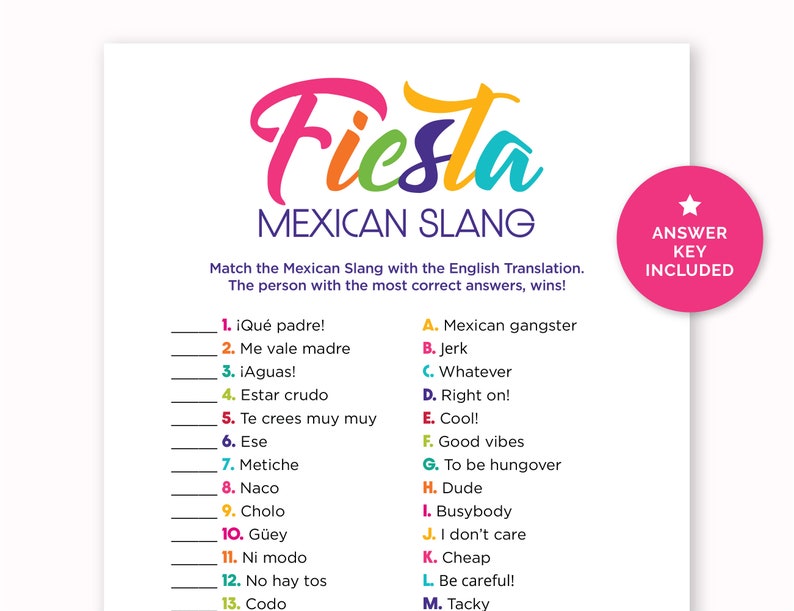 Fiesta Mexican Slang Game Printable Trivia Game for a Fiesta - Etsy