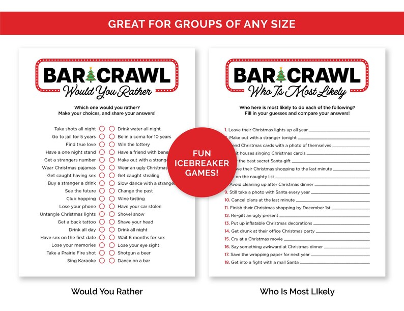 Christmas Bar Crawl Games, Printable Bar Hopping Games for a Holiday ...