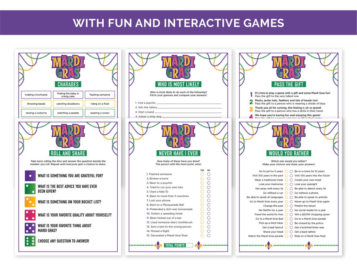 Mardi Gras Games Bundle, Carnival Games for a Mardi Gras Party, Mardi ...