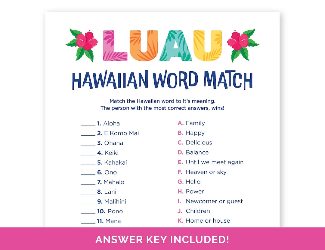 Luau Hawaiian Word Match Up, Hawaii Trivia for a Tiki Party, Tropical ...