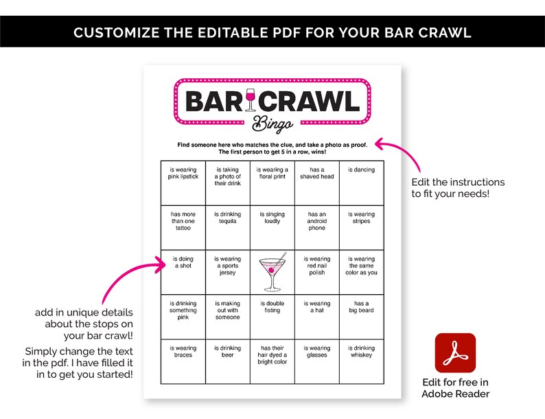 Editable Bar Crawl Bingo Game, Printable Find Someone Who Bar Hopping ...