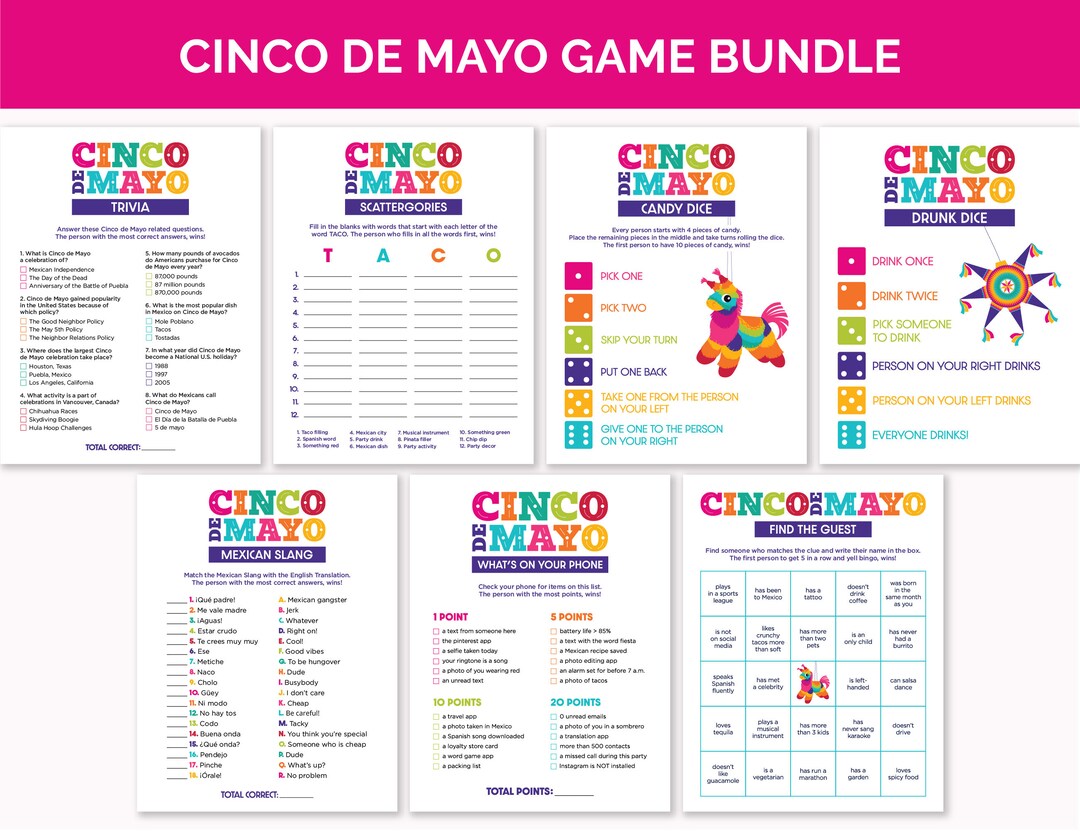 Cinco De Mayo Games Printable Game Bundle for a Cinco De Mayo - Etsy