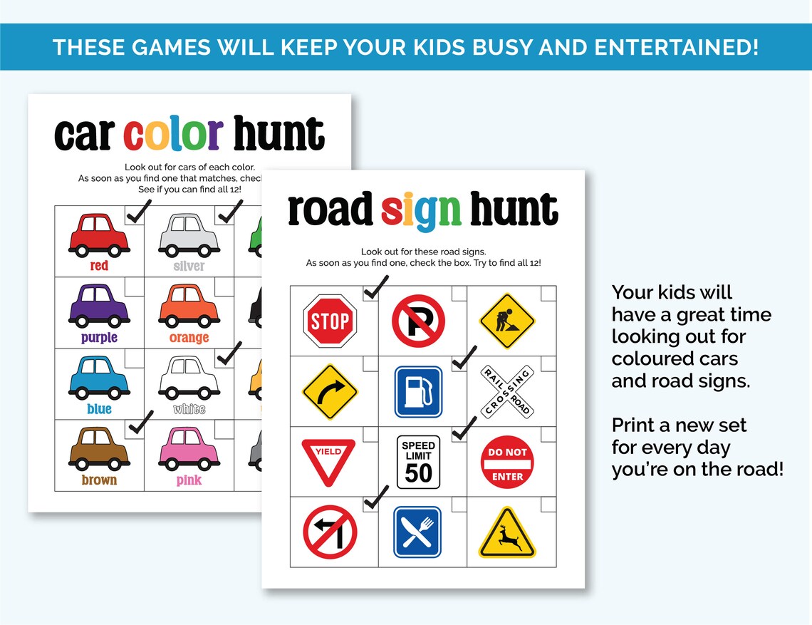 Road Trip Scavenger Hunts for Kids, Printable Road Signs Game, Coloured ...
