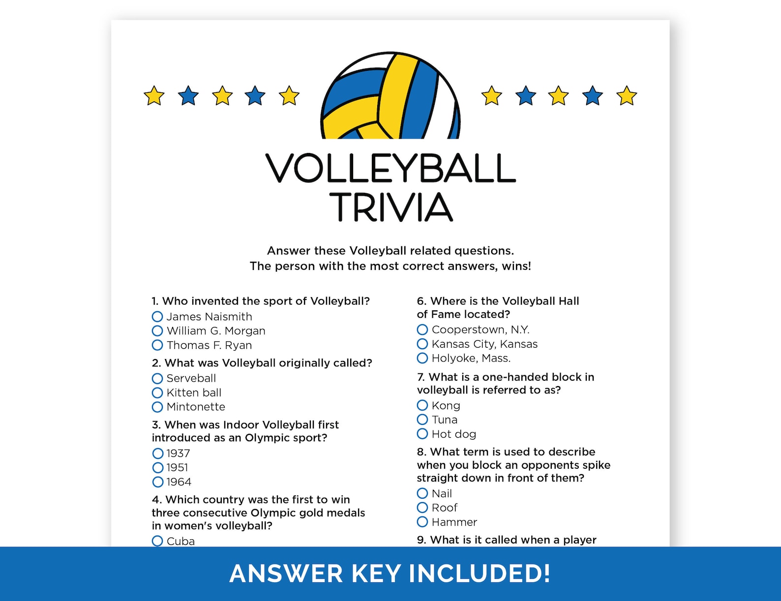 Volleyball Trivia Game, Printable Quiz With Answers for a Volleyball ...