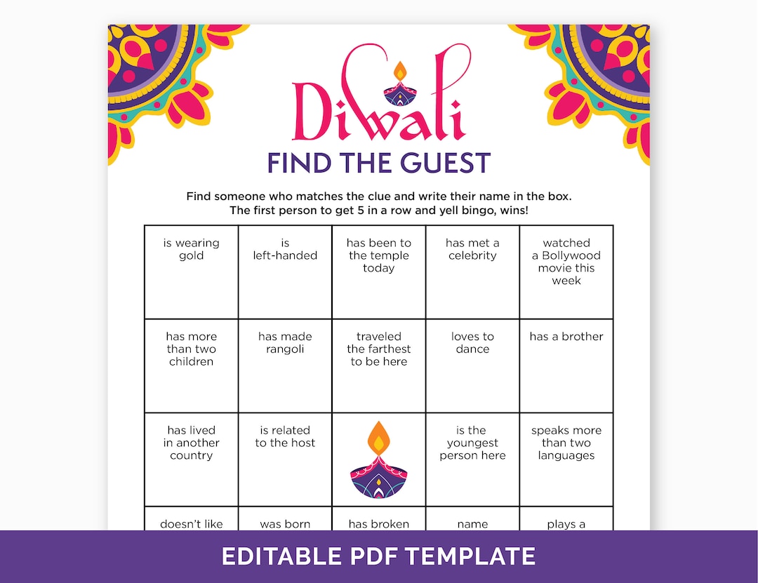 Editable Diwali Find the Guest Bingo Game, Diwali Party Mix and Mingle ...