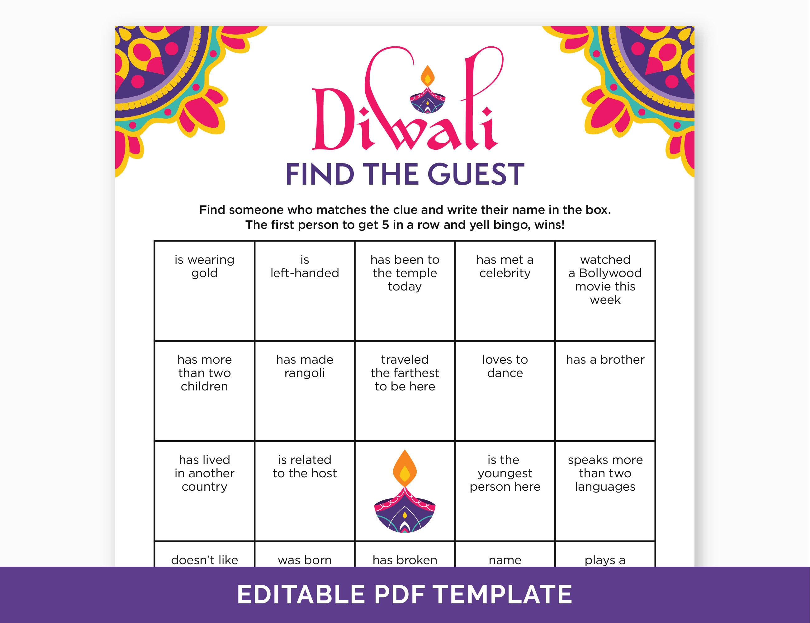 Editable Diwali Find the Guest Bingo Game, Diwali Party Mix and Mingle ...