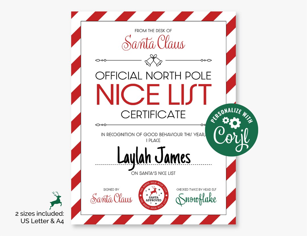 Editable Santa's Nice List Certificate, Printable Nice List Template ...