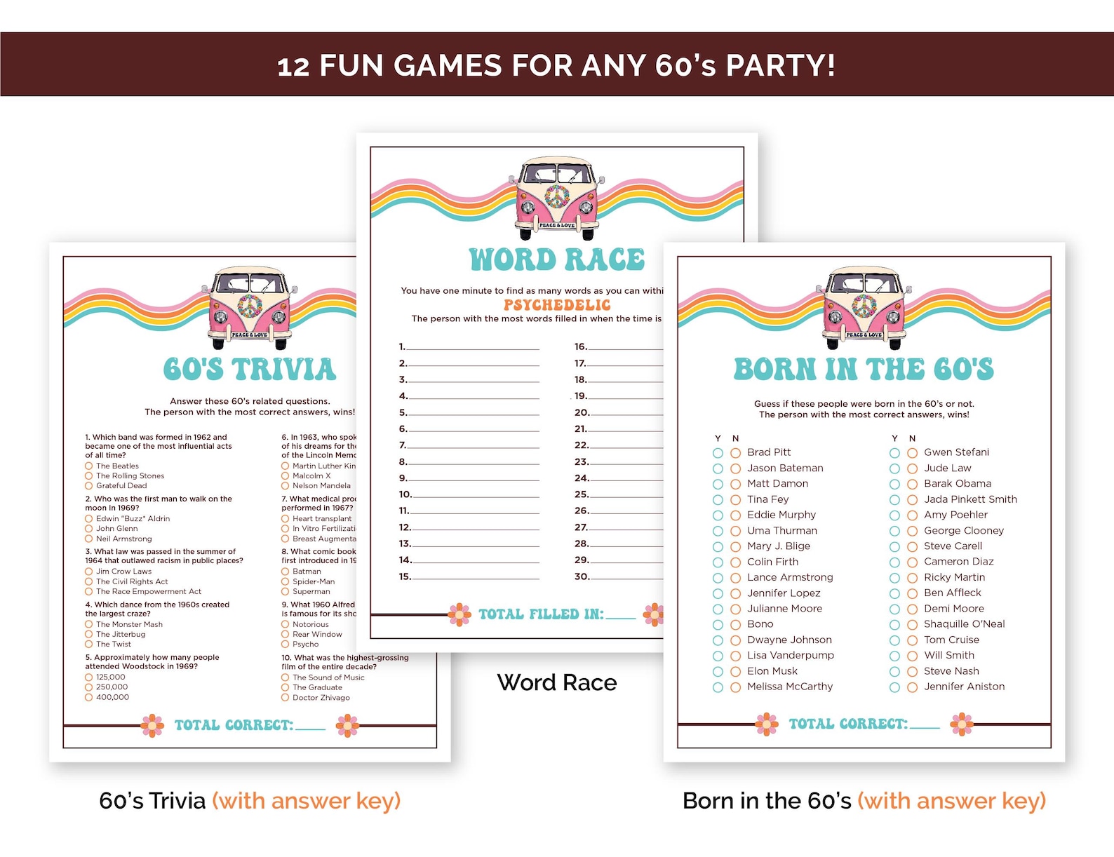 60s Party Games, Printable Games Bundle for a 60s Theme Party, Back to ...