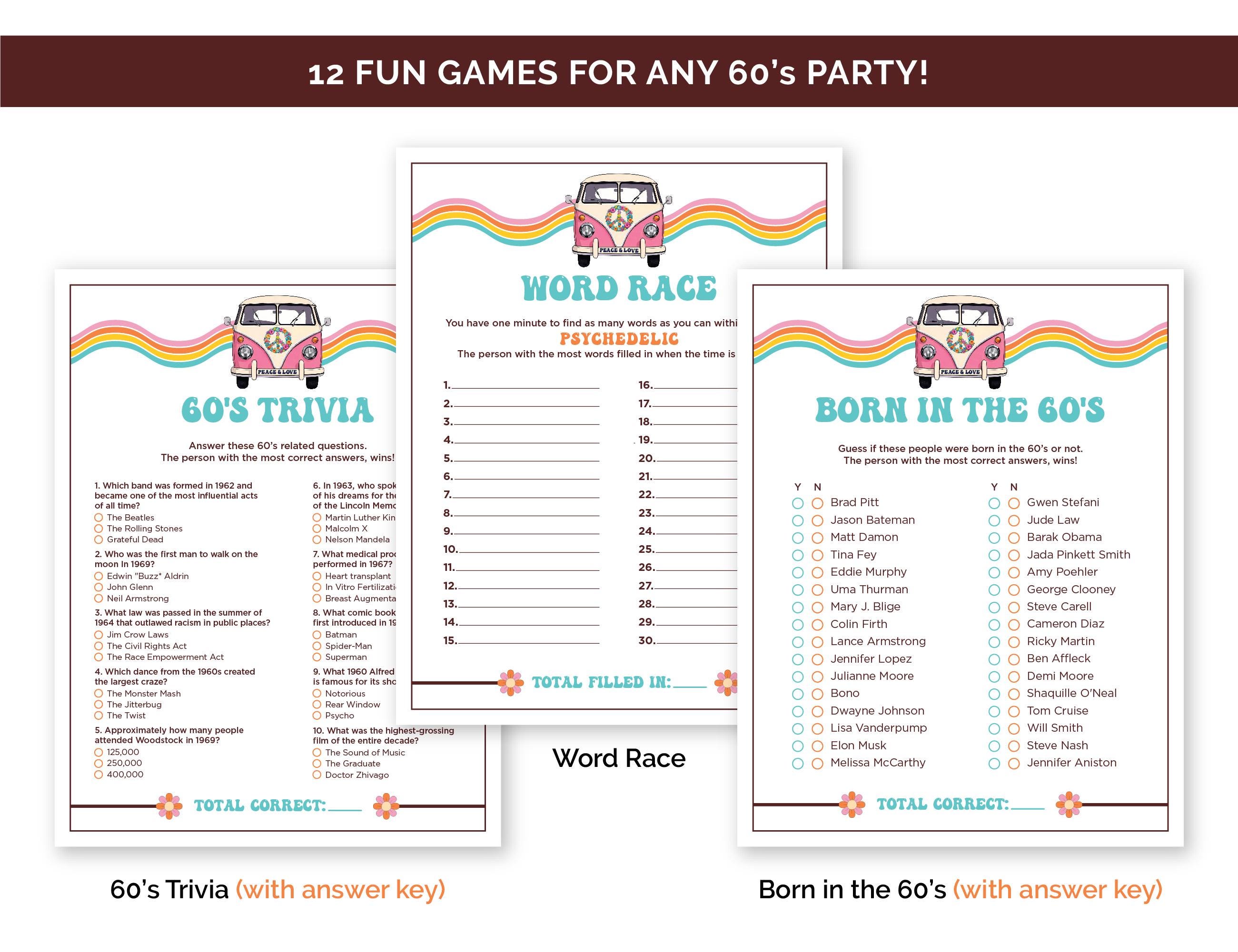 60s Party Games, Printable Games Bundle for a 60s Theme Party, Back to ...