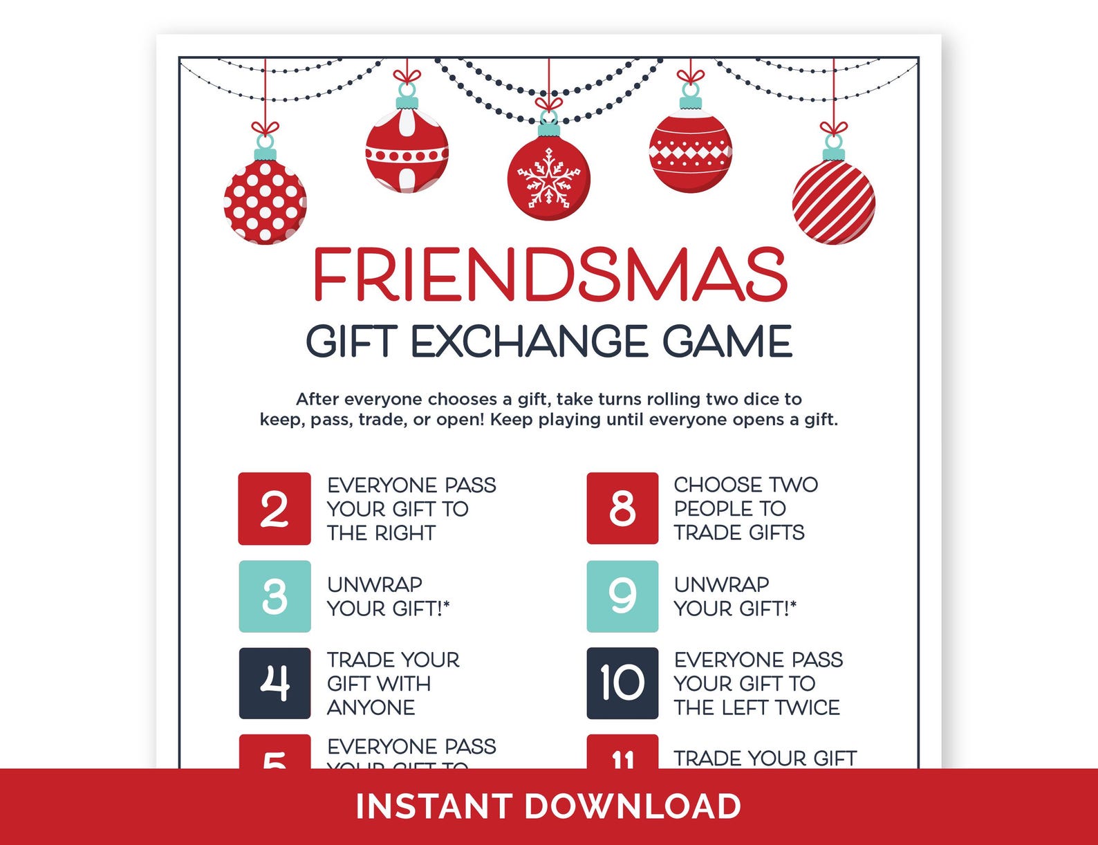 Friendsmas Gift Exchange Dice Game, Printable Holiday White Elephant ...