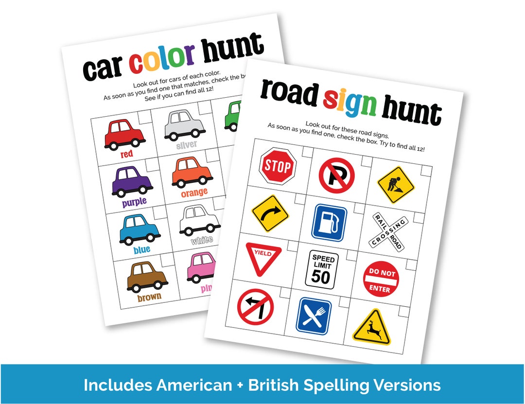 Road Trip Scavenger Hunts for Kids, Printable Road Signs Game, Coloured ...