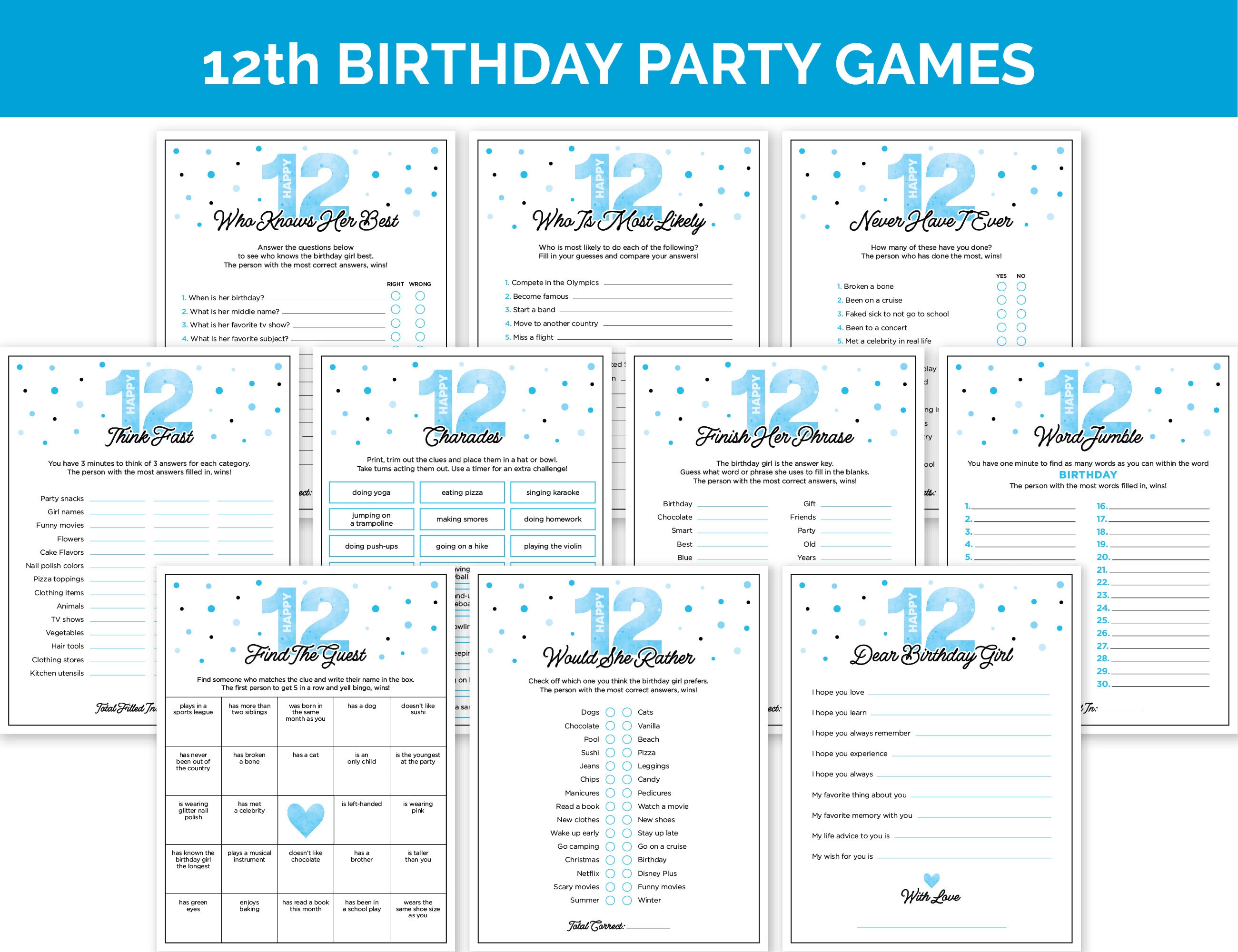 Blue 12th Birthday Party Games, Printable Birthday Games Bundle With ...