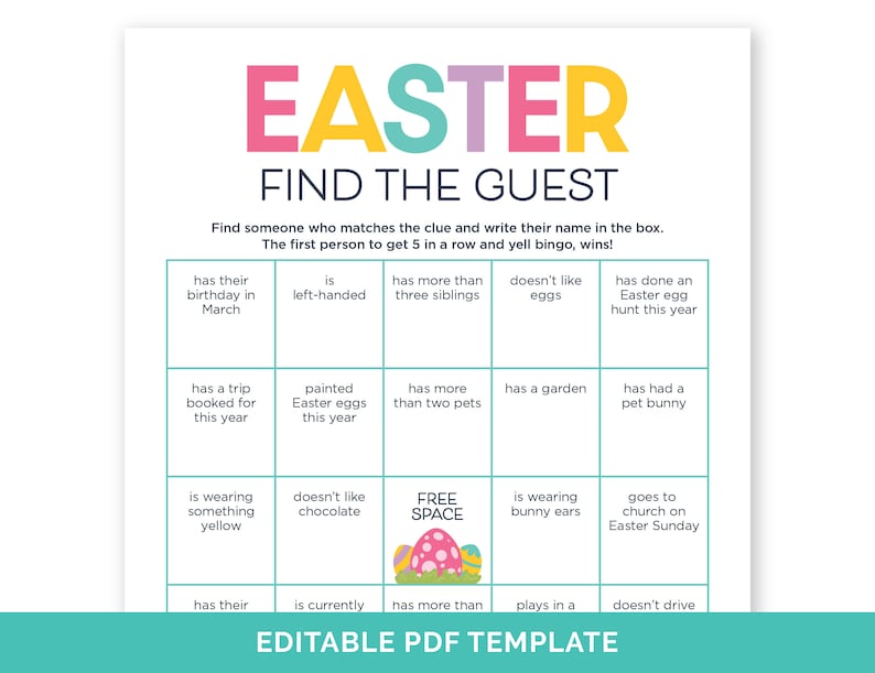 Editable Easter Find the Guest Bingo, Icebreaker Game for an Easter ...
