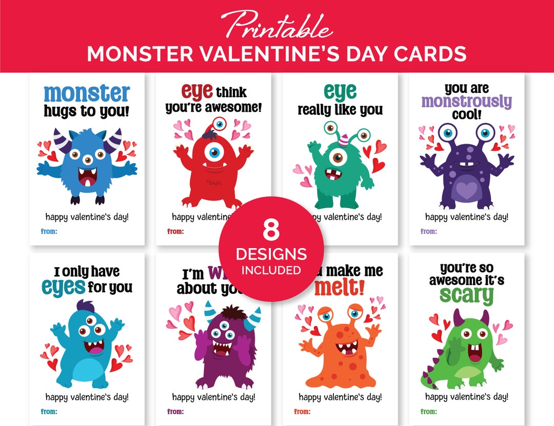 Monster Valentines for Kids, Printable Daycare & Preschool Valentine's ...