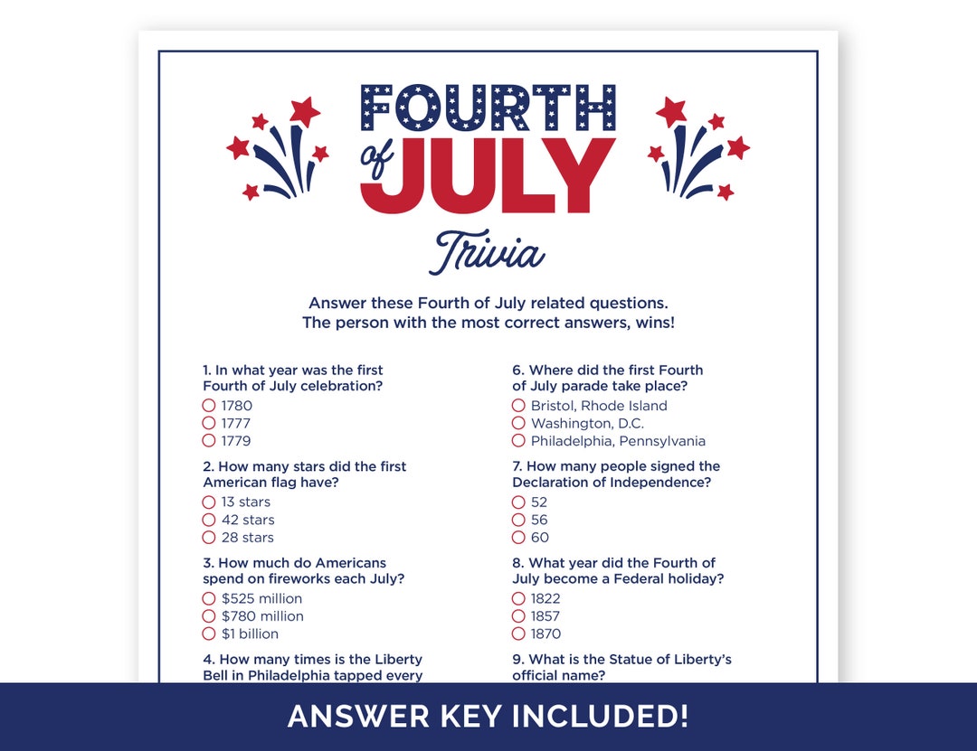 Fourth of July Trivia Game, Printable Quiz With Answers for a 4th of ...