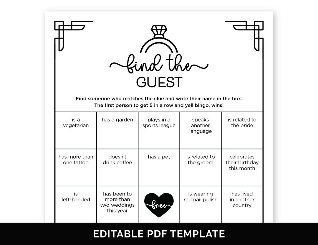 Editable Wedding Find the Guest Bingo, Find Someone Who for a Rehearsal ...