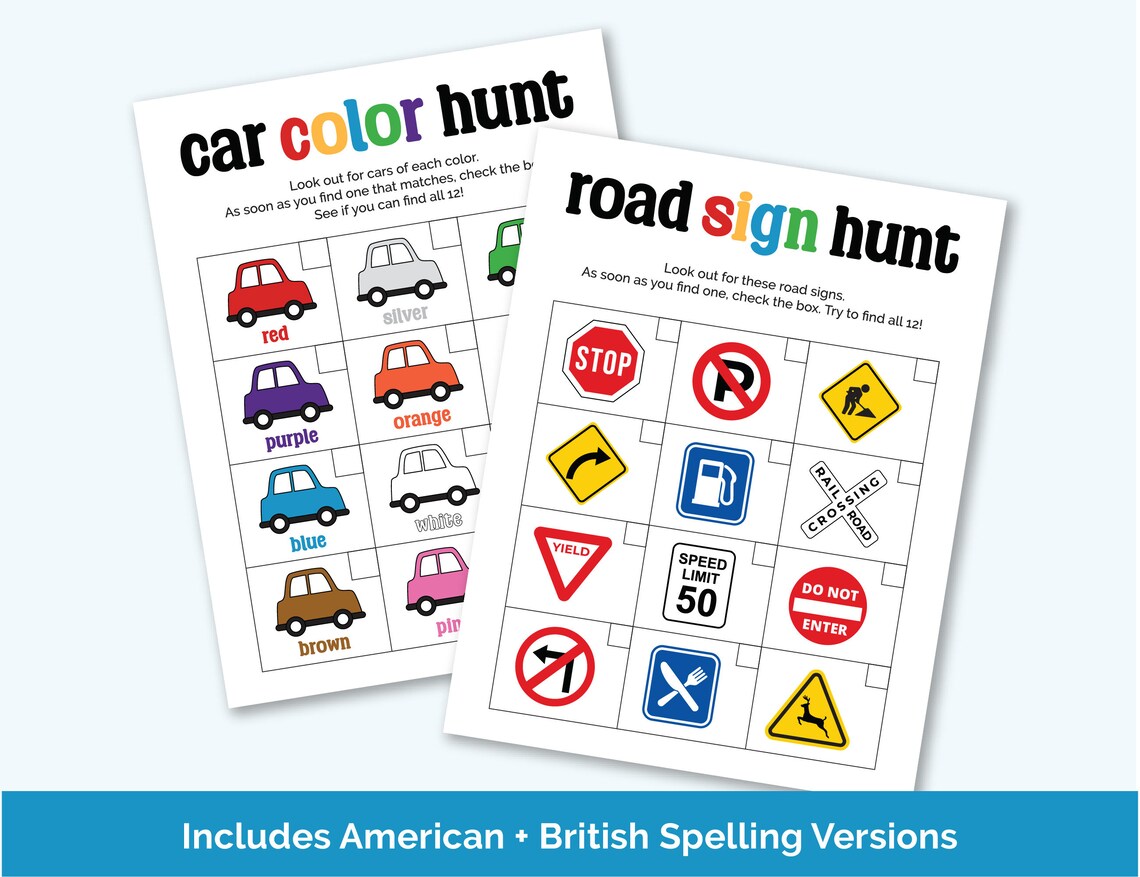 Road Trip Scavenger Hunts for Kids, Printable Road Signs Game, Coloured ...
