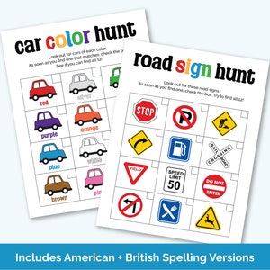 Road Trip Scavenger Hunts for Kids, Printable Road Signs Game, Coloured ...