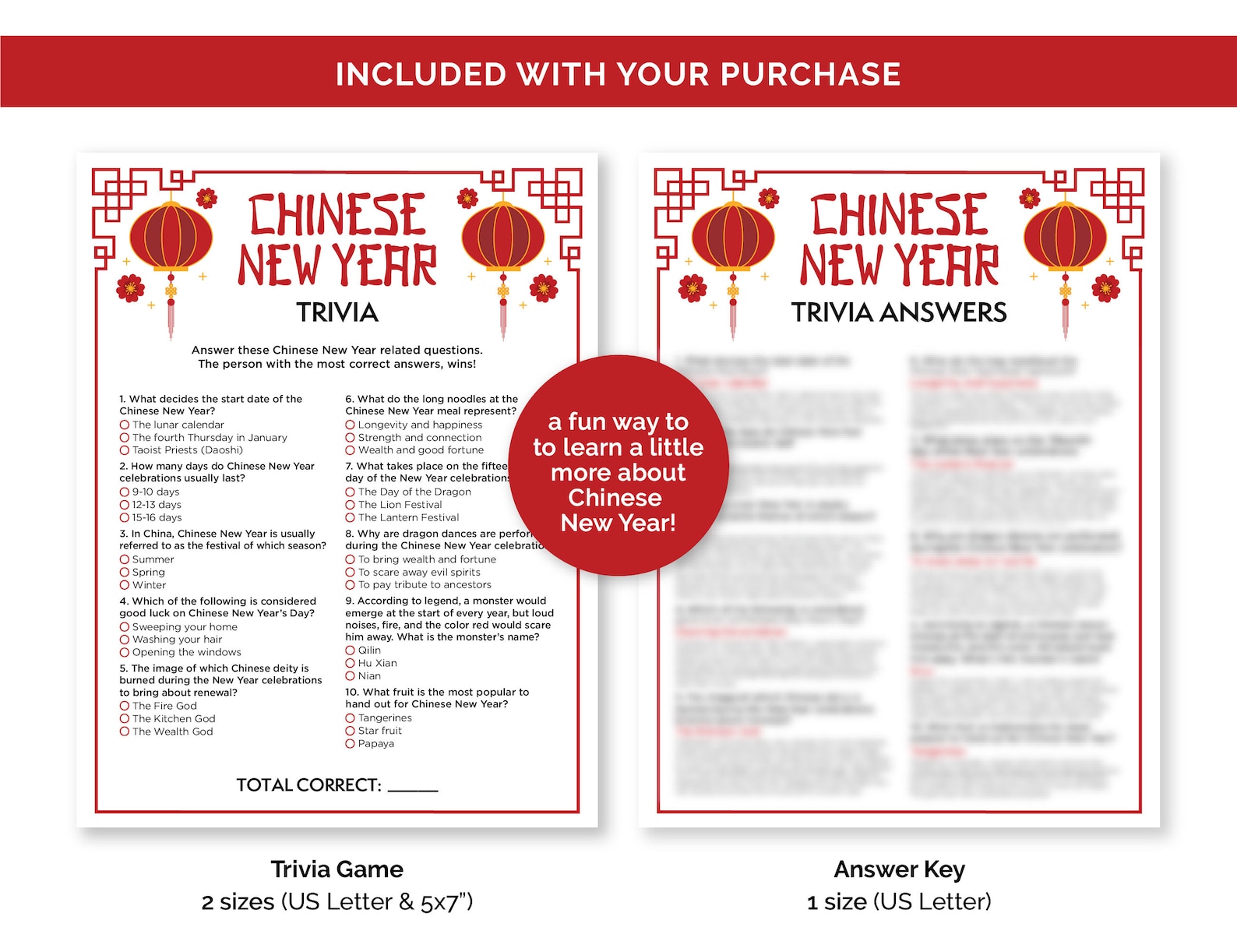 Chinese New Year Trivia Game, Printable Quiz for a Family or Classroom ...