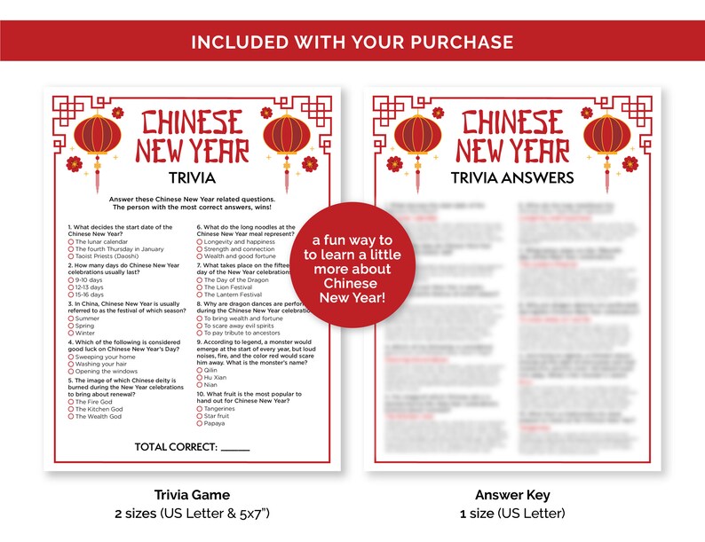Chinese New Year Trivia Game, Printable Quiz for a Family or Classroom ...