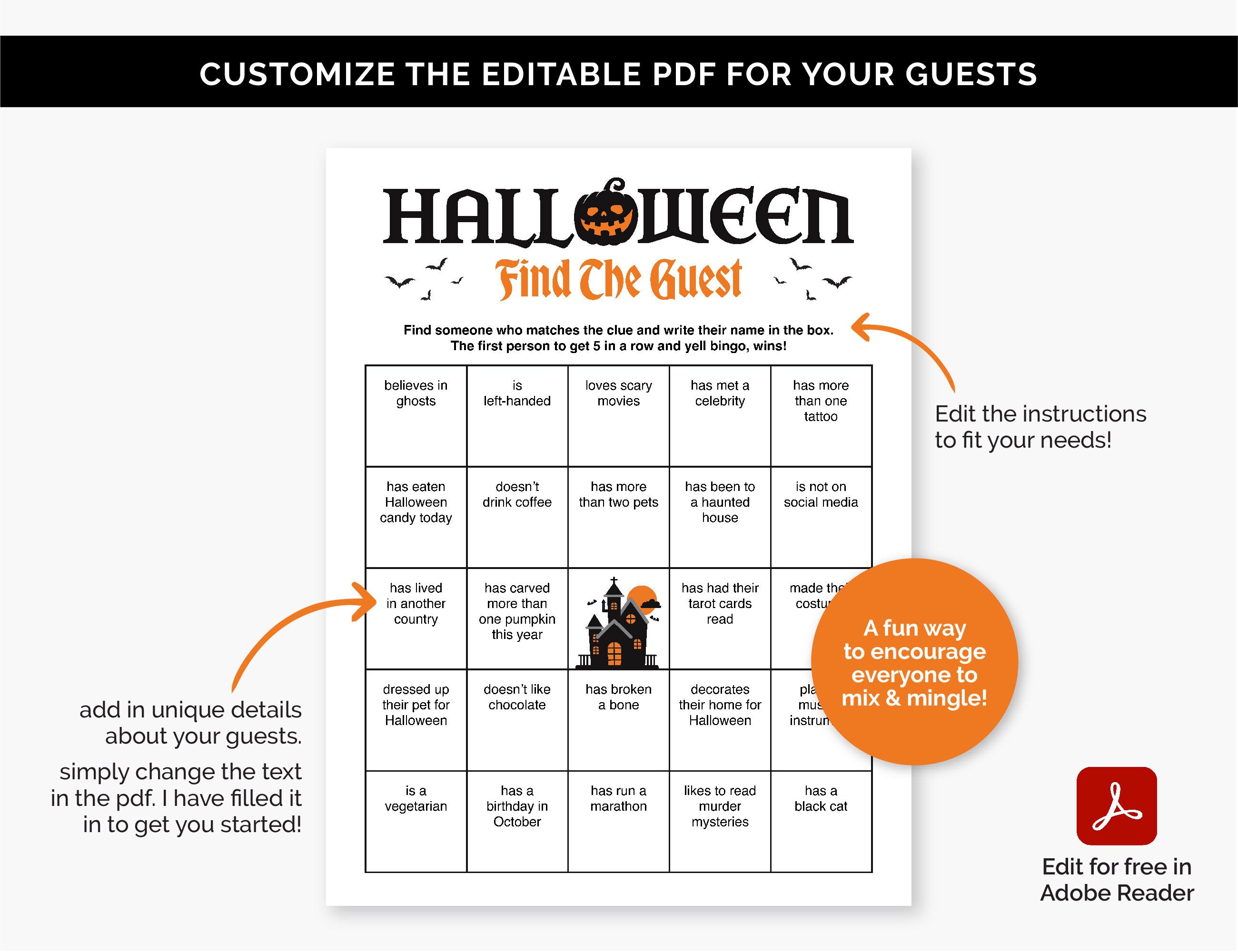 Editable Halloween Find the Guest Bingo Game Icebreaker Game - Etsy