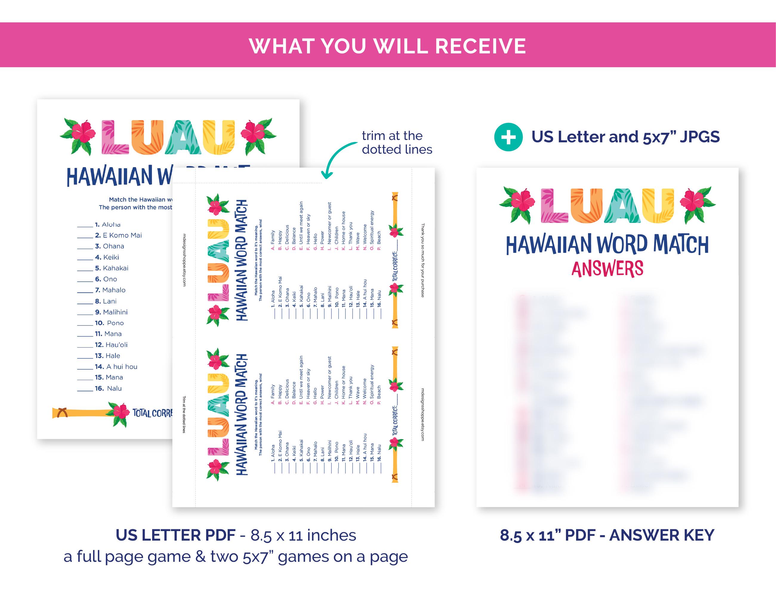 Luau Hawaiian Word Match Up, Hawaii Trivia for a Tiki Party, Tropical ...
