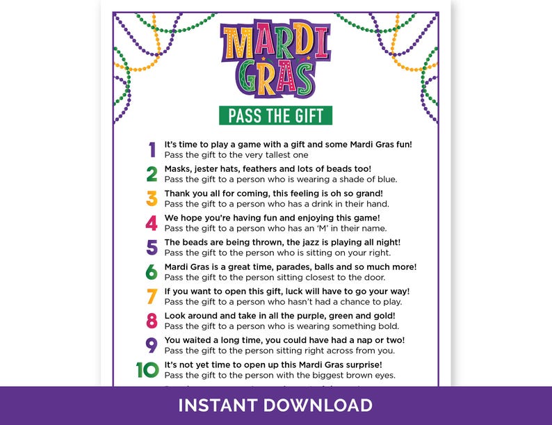 Mardi Gras Pass the Gift Game, Pass the Present Game for an Mardi Gras ...