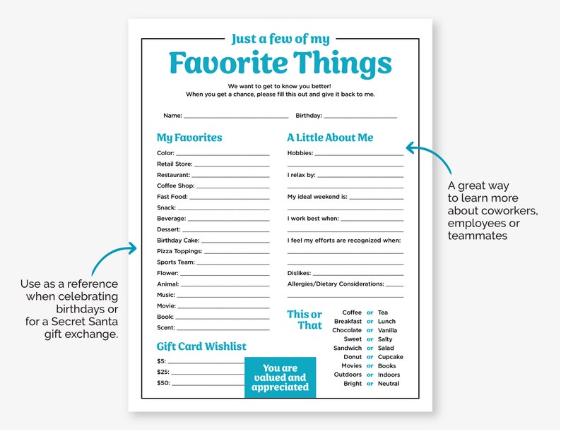 Employee Favorite Things Survey, Printable Coworker Questions, Employee ...