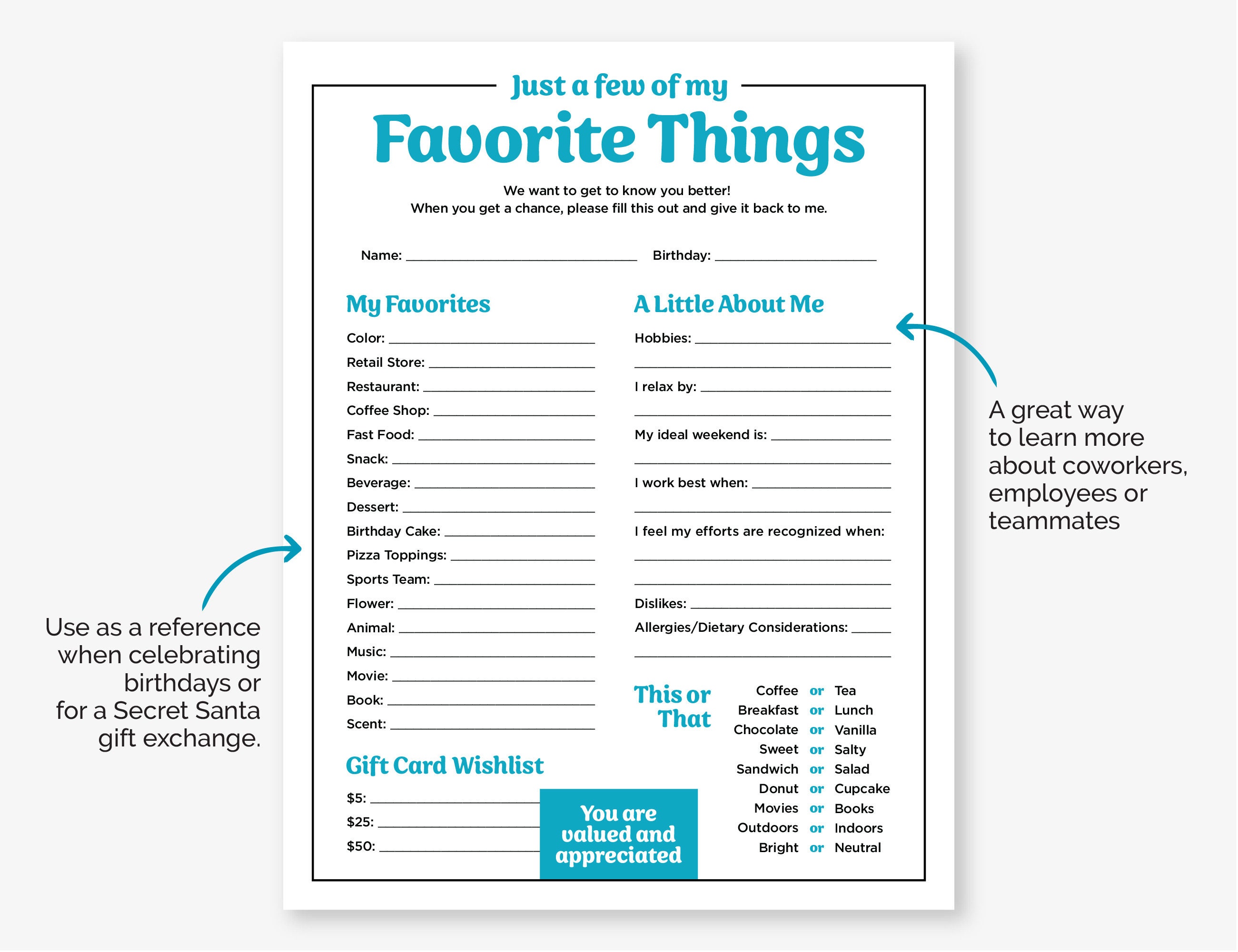Employee Favorite Things Survey, Printable Coworker Questions, Employee ...