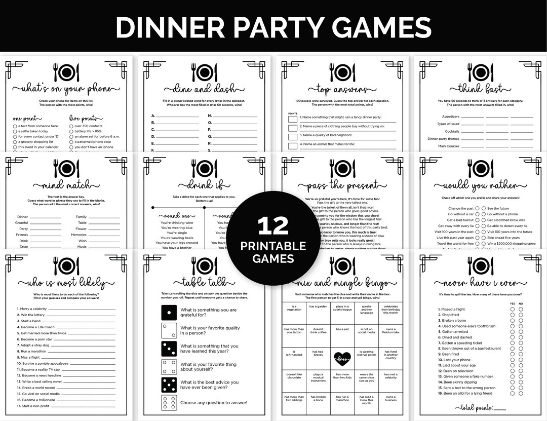 Dinner Party Games, Printable Game Bundle for a Work Dinner, Dinner ...