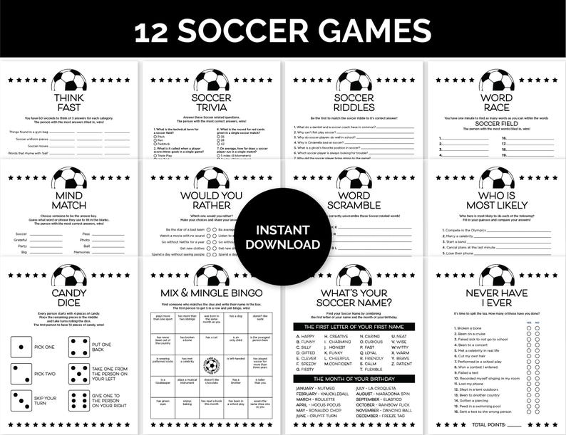Soccer Games, Printable Games Bundle for a Soccer Team Party, Travel ...
