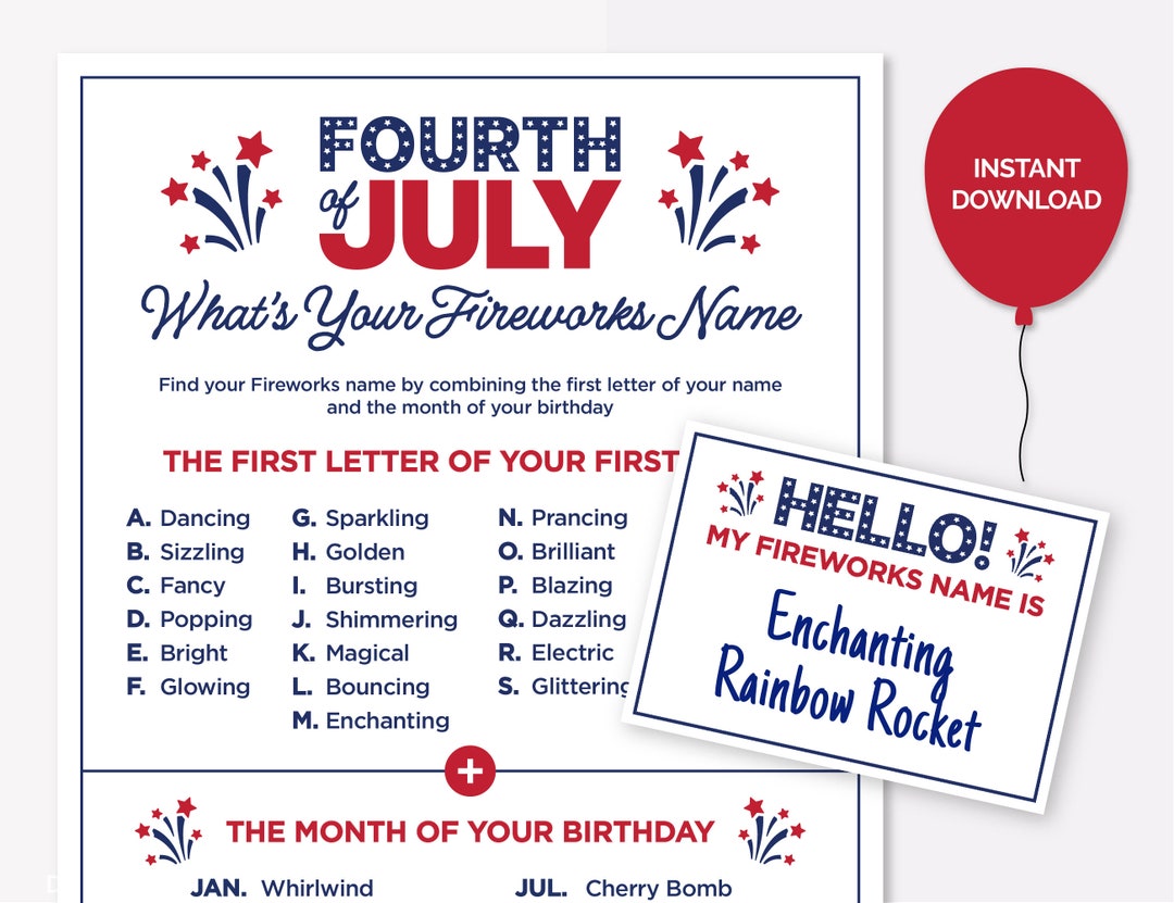 What's Your Fireworks Name Game for a Fourth of July Party, Printable ...