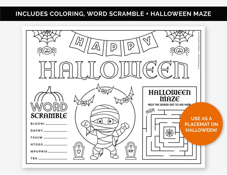 Halloween Coloring and Activity Page, Printable Kids Halloween Placemat ...