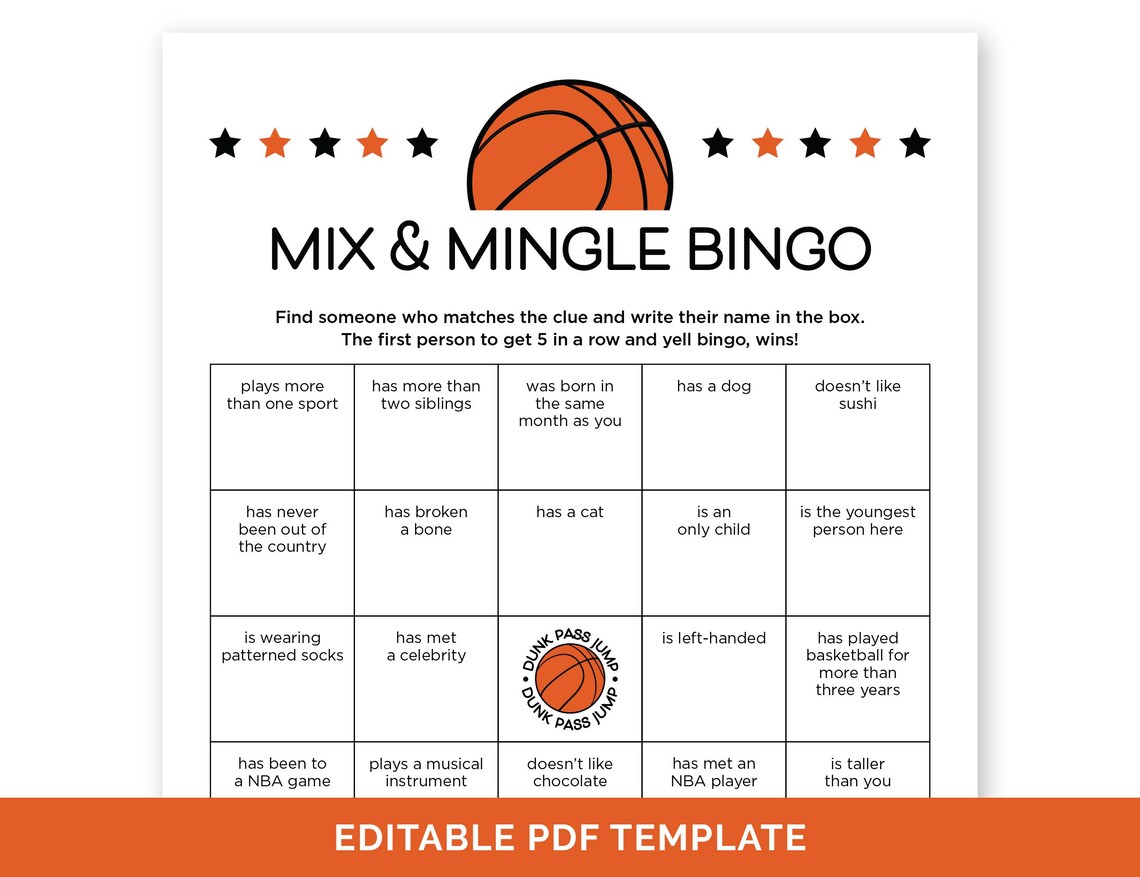 Editable Basketball Mix & Mingle Bingo, Basketball Team Building Game ...