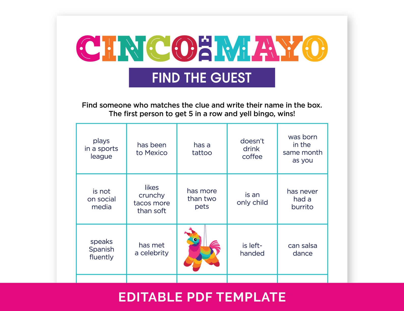 Cinco De Mayo Find the Guest Bingo Game, Printable Office Team-building ...