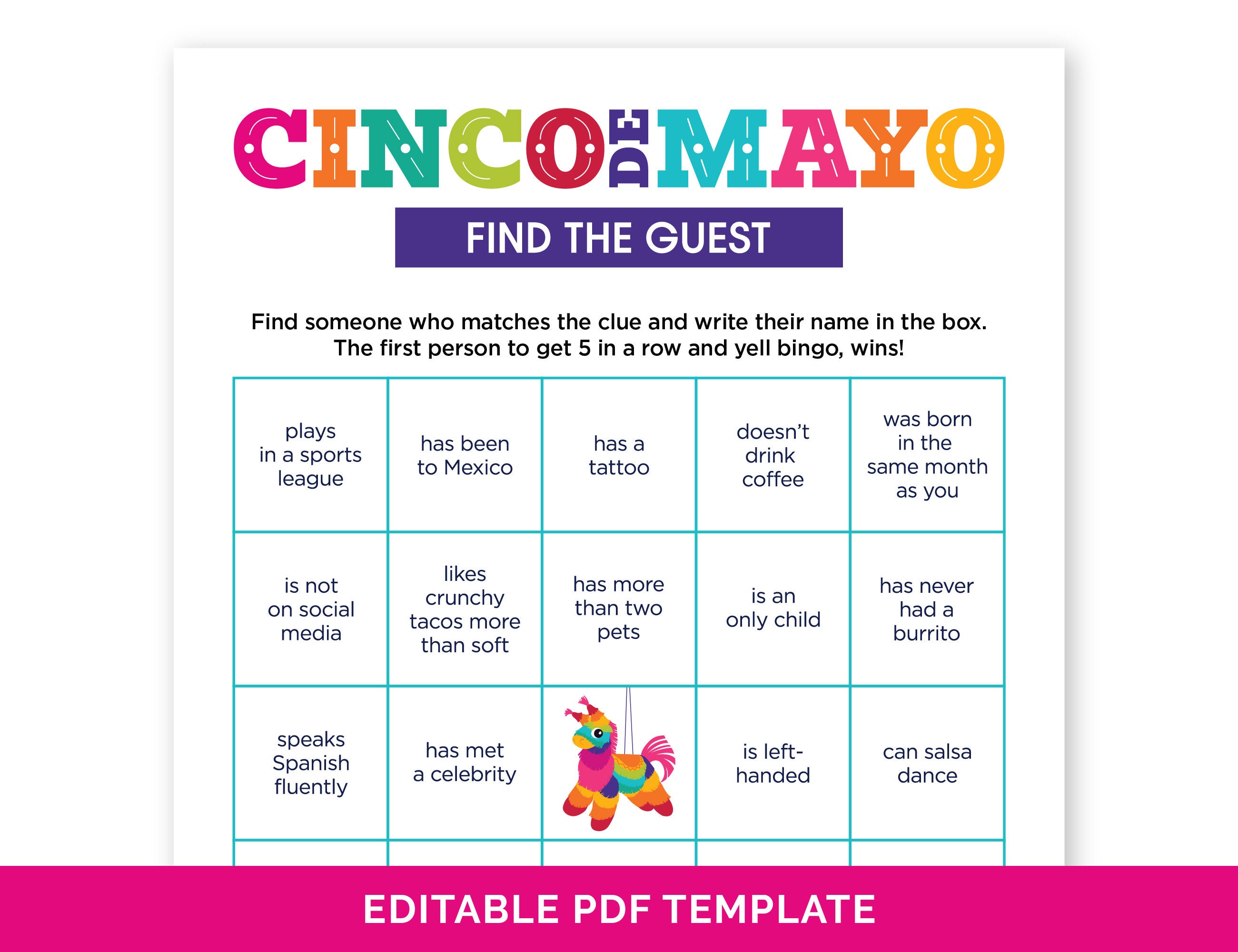 Cinco De Mayo Find the Guest Bingo Game, Printable Office Team-building ...