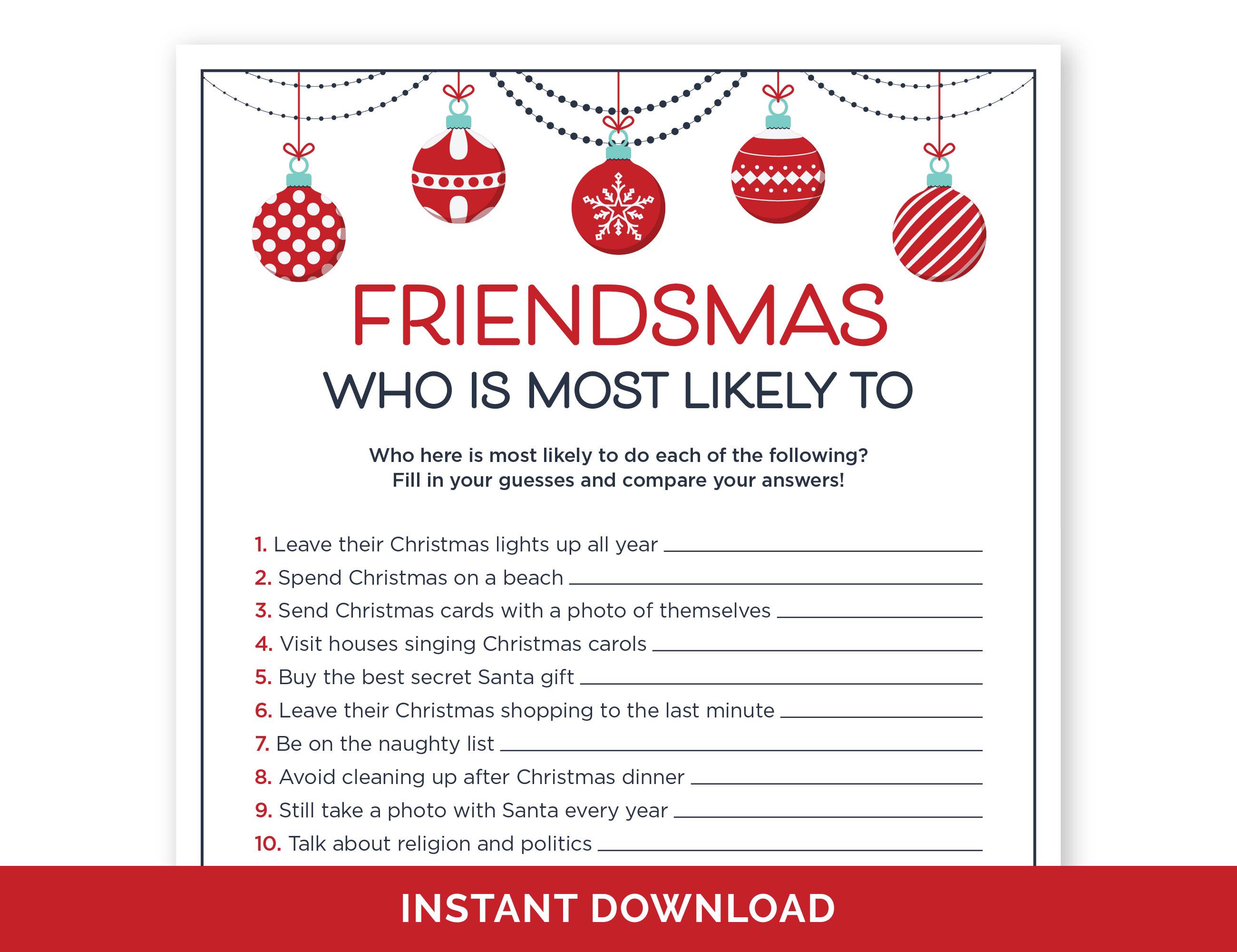 Friendsmas Most Likely to Game, Printable Christmas Superlatives Game ...