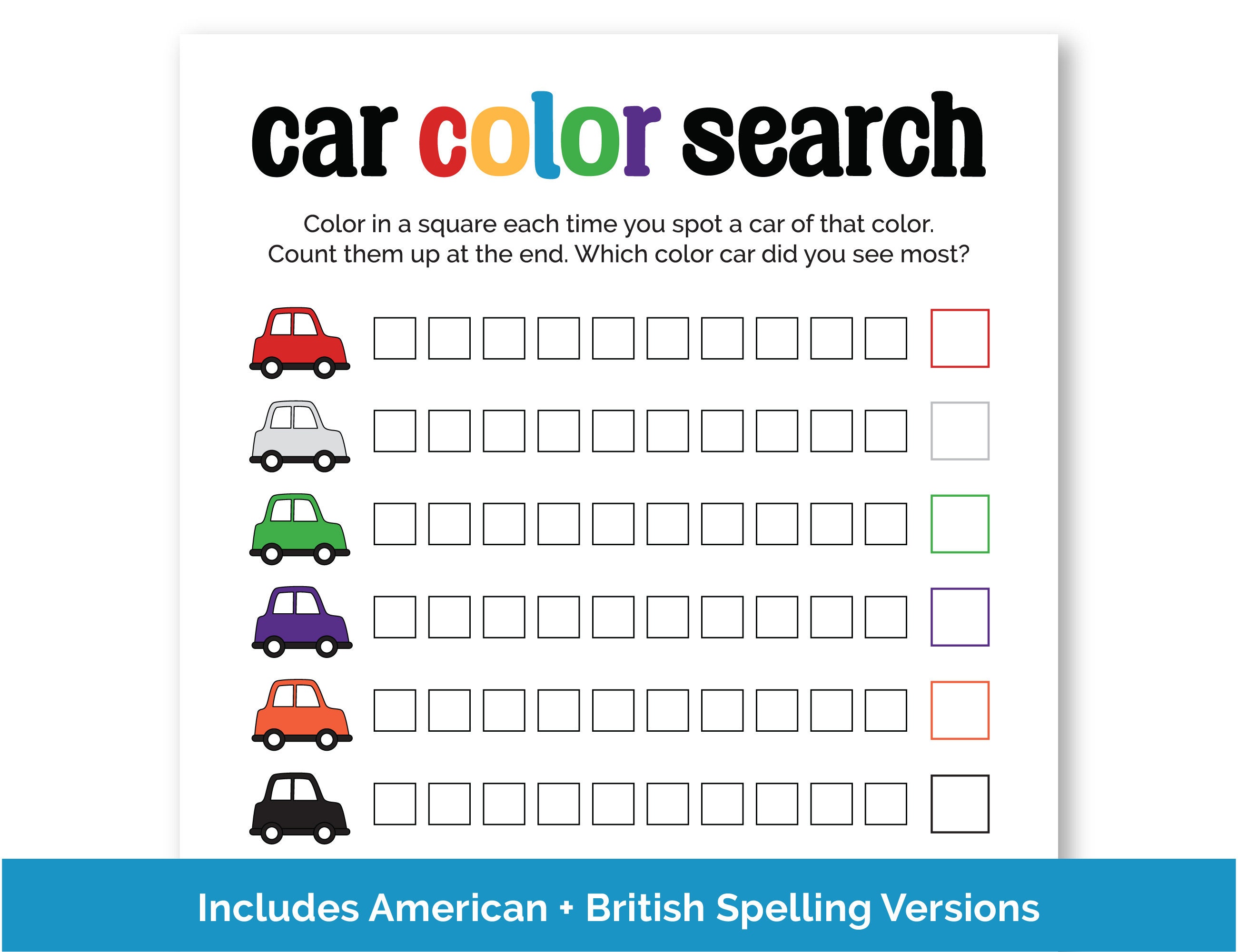Counting Coloured Cars Printable, Road Trip Game for Kids, Car ...