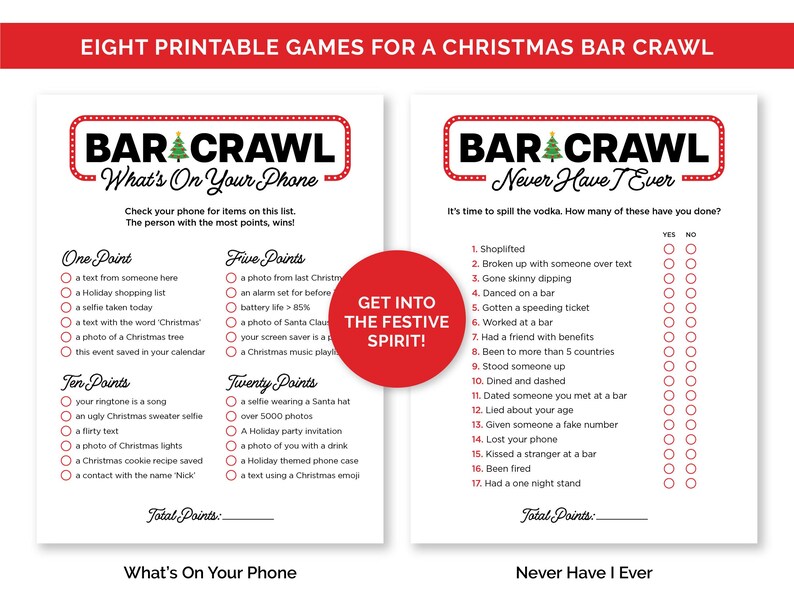 Christmas Bar Crawl Games, Printable Bar Hopping Games for a Holiday ...