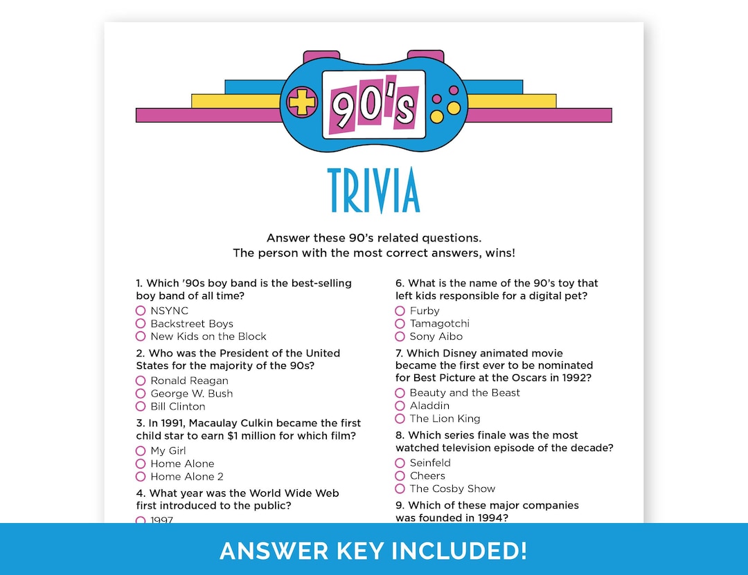 90s Trivia Game, Printable Quiz With Answers for an 1990s Theme Party ...