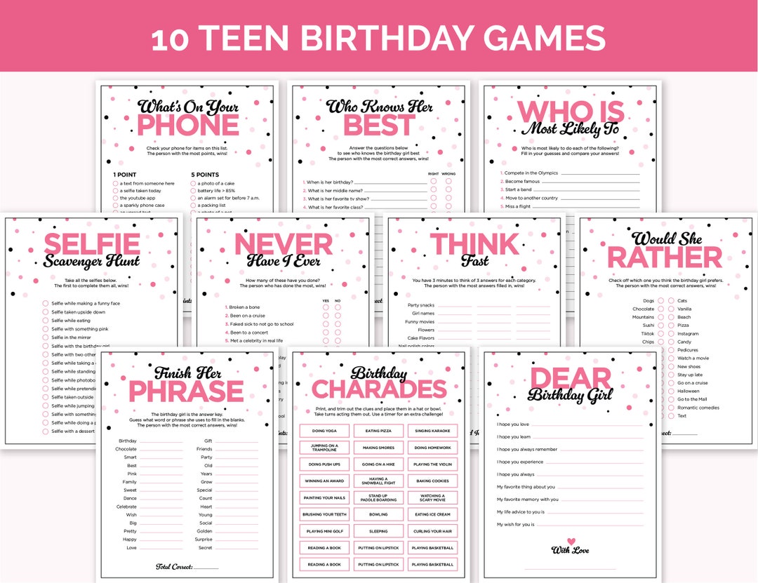 Teen Birthday Games for Girls, Printable Birthday Girl Trivia Games ...