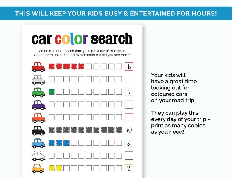 Counting Coloured Cars Printable, Road Trip Game for Kids, Car ...