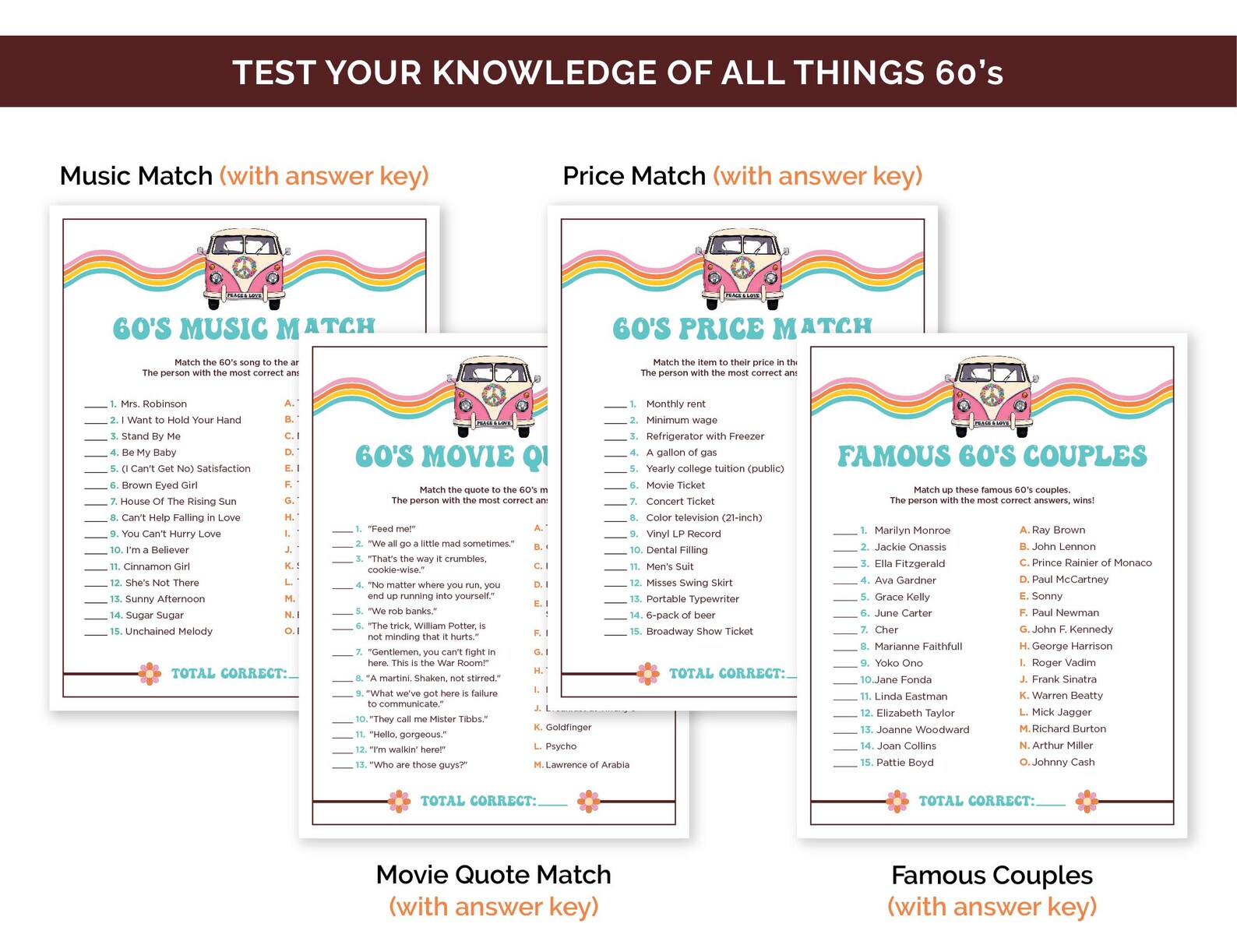 60s Party Games, Printable Games Bundle for a 60s Theme Party, Back to ...